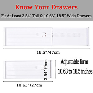 Exucase Drawer Dividers Organizer 4 Pack, Length Adjustable from 10.63"-18.5", Height 3.54" Plastic Separators for Bedroom, Bathroom, Closet, Makeup Tools, Office, Kitchen Storage, Tool Room (White)