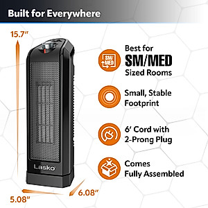 Lasko Oscillating Ceramic Space Heater for Home with Overheat Protection, Thermostat, and 3 Speeds, 15.7 Inches, Black, 1500W, CT16450