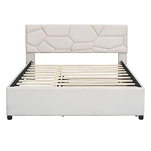 GJHOME Queen Size Upholstered Platform Bed Frame for Boys Girls Kids Adults Toddler with Brick Pattern Headboard and Twin XL Size Trundle, Linen Fabric, Beige