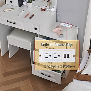 Abesthink Vanity Table,Vanity Dressing Table with Mirror and Charging Station,Makeup Vanity with Lights and Drawers,Vanity Desk with Mirror and Stool,Shelves,White