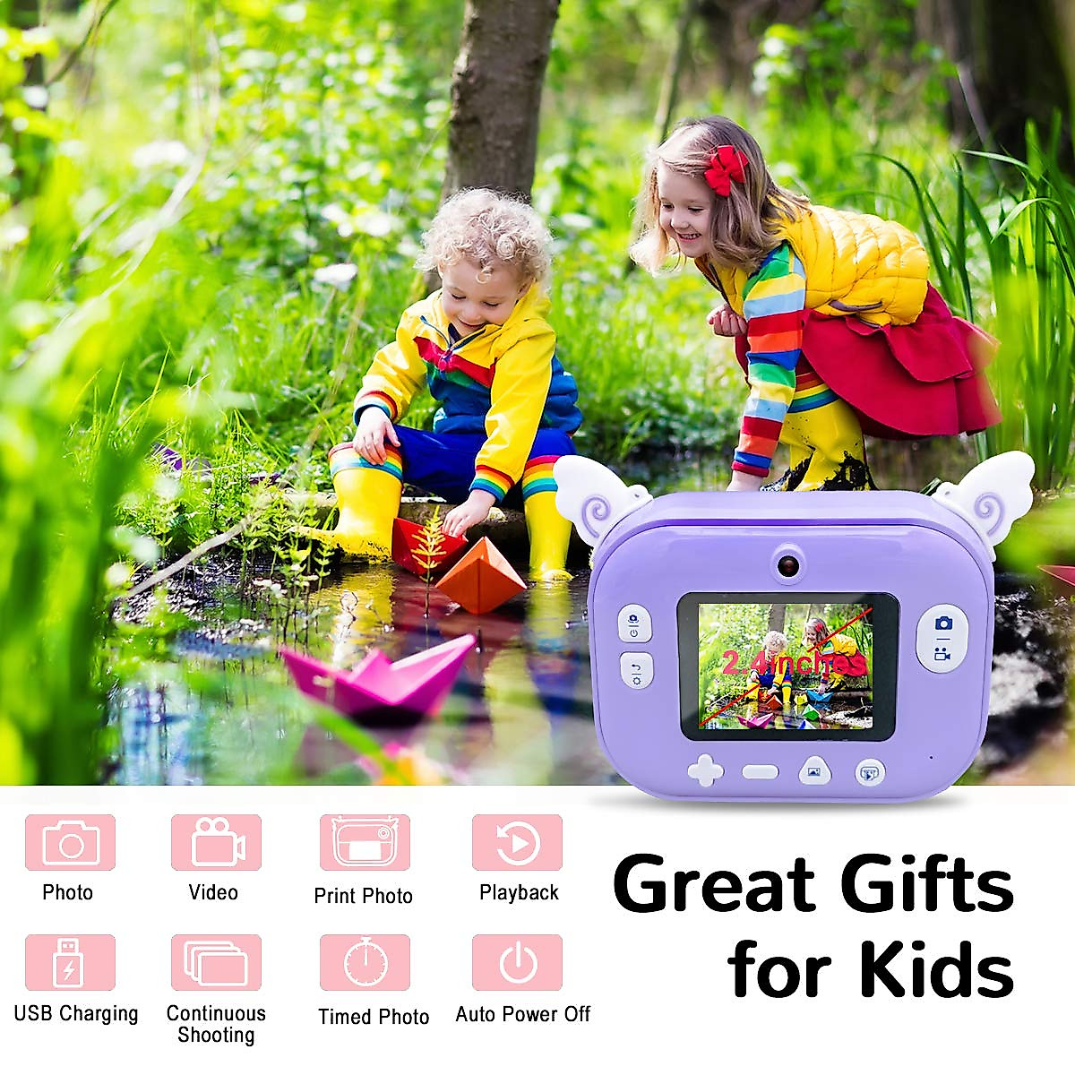 Instant Print Camera for Kids, Girls Boys Print Photo Selfie Video Digital Camera with Paper Film, 3-12 Years Old Children Mini Learning Toy Camera Gifts for Birthday Holiday Travel