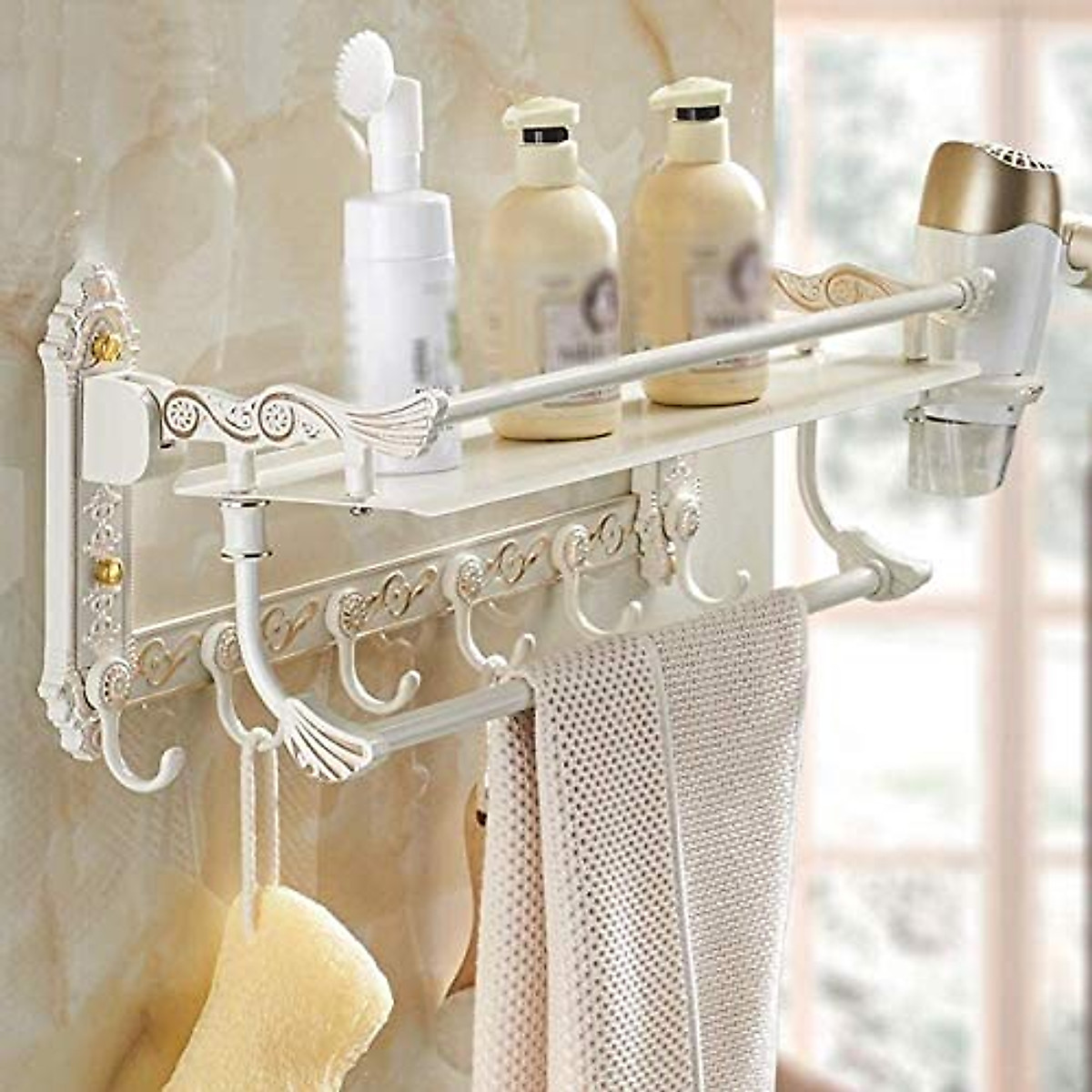 HYJMJJ Wall Mounted Coat Rack, Wall Mounted Space Aluminum Foldable Bathroom Shelves Storage Rack with Hook, Single Rod Towel Rack，Not Fade Multifunction Cosmetic Storage Rack,for Home Kitchen