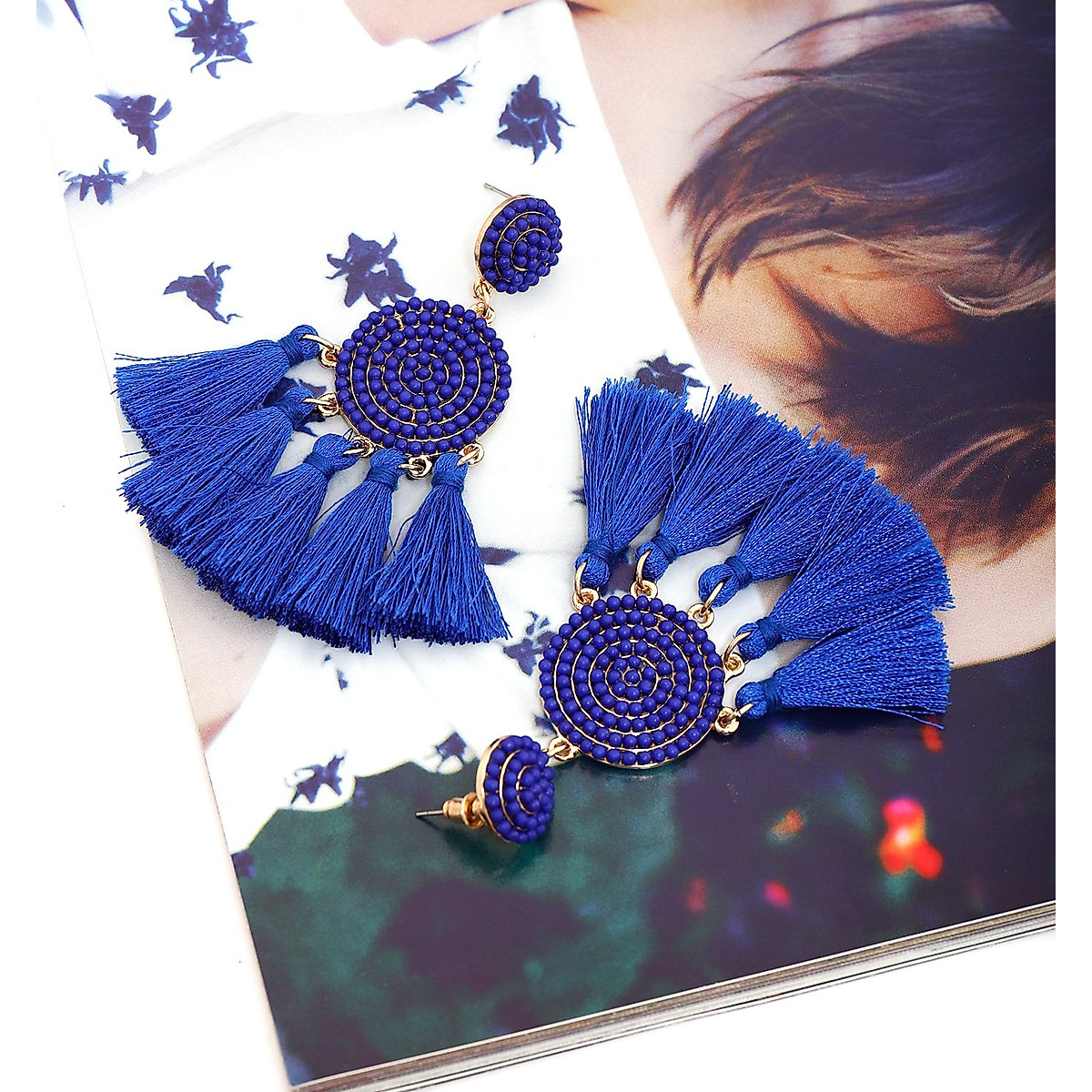 XOCARTIGE Tassel Earrings Thread Fringe Chandelier Drop Dangle Earrings Bohemia Beaded Disc Stud Earring for Women(Blue)