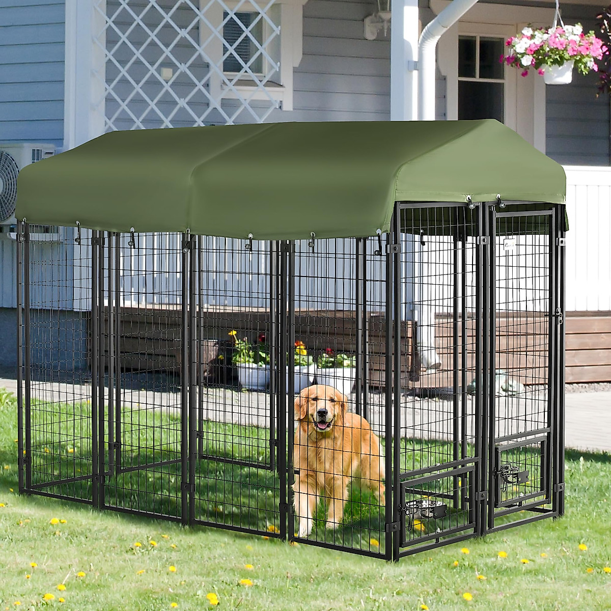 PawHut 8' x 4' x 6' Outdoor Dog Kennel with Rotating Bowl Holders, Walk-in Pet Playpen, Welded Wire Steel with Water and UV-Resistant Canopy, Green
