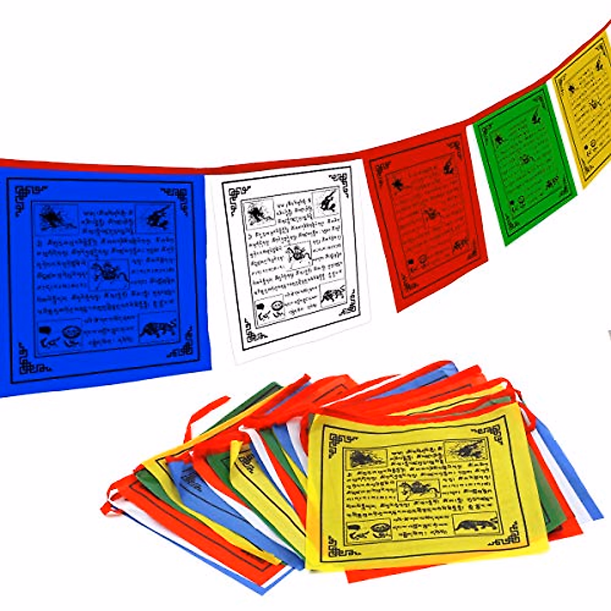 Anley Tibet Buddhist Prayer Flag – Traditional Five Elements - Horizontal Wind Horse Design (10” x 10”) - 25 flags & 23 feet
