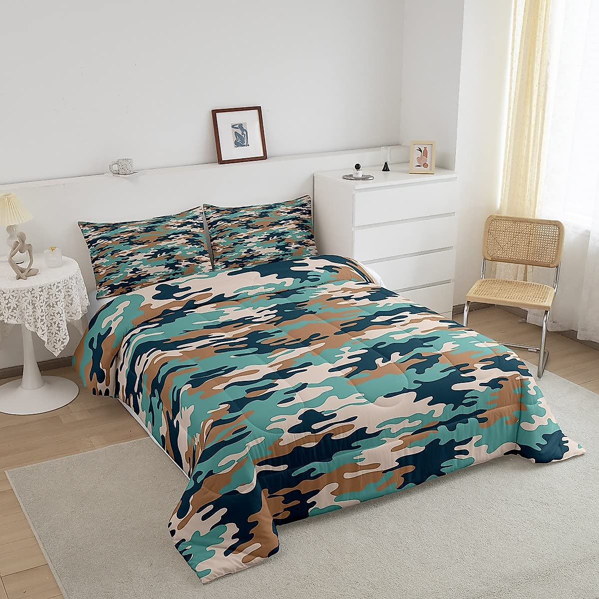 Camouflage Comforter Set Youth Army Camo Bedding Set for Kids Boys Girls 3D Military Art Comforter Teal Blue Brown Decor Quilt Set Room 3Pcs Queen Size