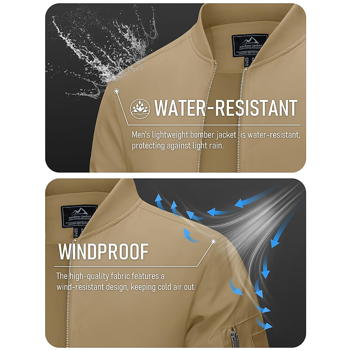 MAGCOMSEN Bomber Jacket Men Light Spring Jackets Lightweight Bomber Jacket Zip Up Light Coat with Pocket Casual Jacket Khaki,L