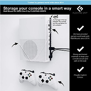 Xbox One S Wall Mount Solution by FLOATING GRIP - Mounting Kit for Hanging Game Consoles - Strong & Slim Ropes - Easy-to-Install System (Bundle: Fits XBOX One S + 2x Controllers, white)