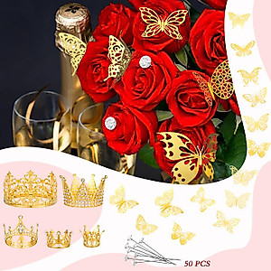 135 Pcs Flower Bouquet Accessories 5 Pcs Crown Cake Topper 60 Pcs 3D Gold Butterfly 50 Pcs Corsage Bouquet Pins with 20 Pcs Cake Toppers Floral Arrangements for Festival Wedding Birthday Party