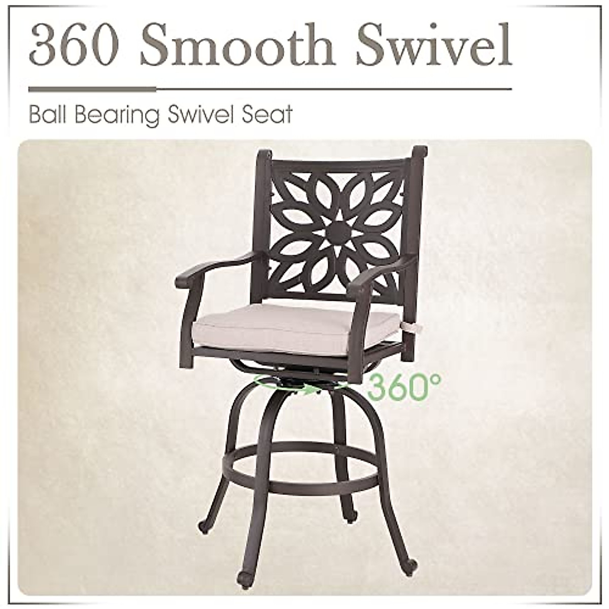 MFSTUDIO Cast Aluminum Bar Height Outdoor Bar stools Set of 2, Swivel Patio Chairs with Extra Wide Seat and Cushion, Brown