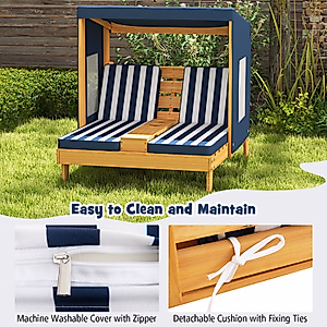 HONEY JOY Kids Chaise Lounge Chair Outdoor, Toddler Wood Double Pool Lounger Chairs w/Canopy, Cup Holders, Removable Stripped Fabric Cushions, 2-Person Kids Patio Furniture for Backyard (Navy Blue)