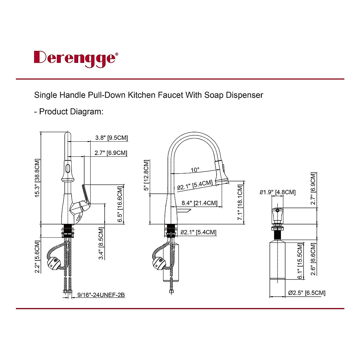 Derengge Brushed Gold Kitchen Faucet Single Handle Pull-Down Kitchen Sink Faucet with Soap Dispenser and Deck Plate, Faucet for Farmhouse, Camper, Laundry, Rv, Bar,KF-058DS-CS