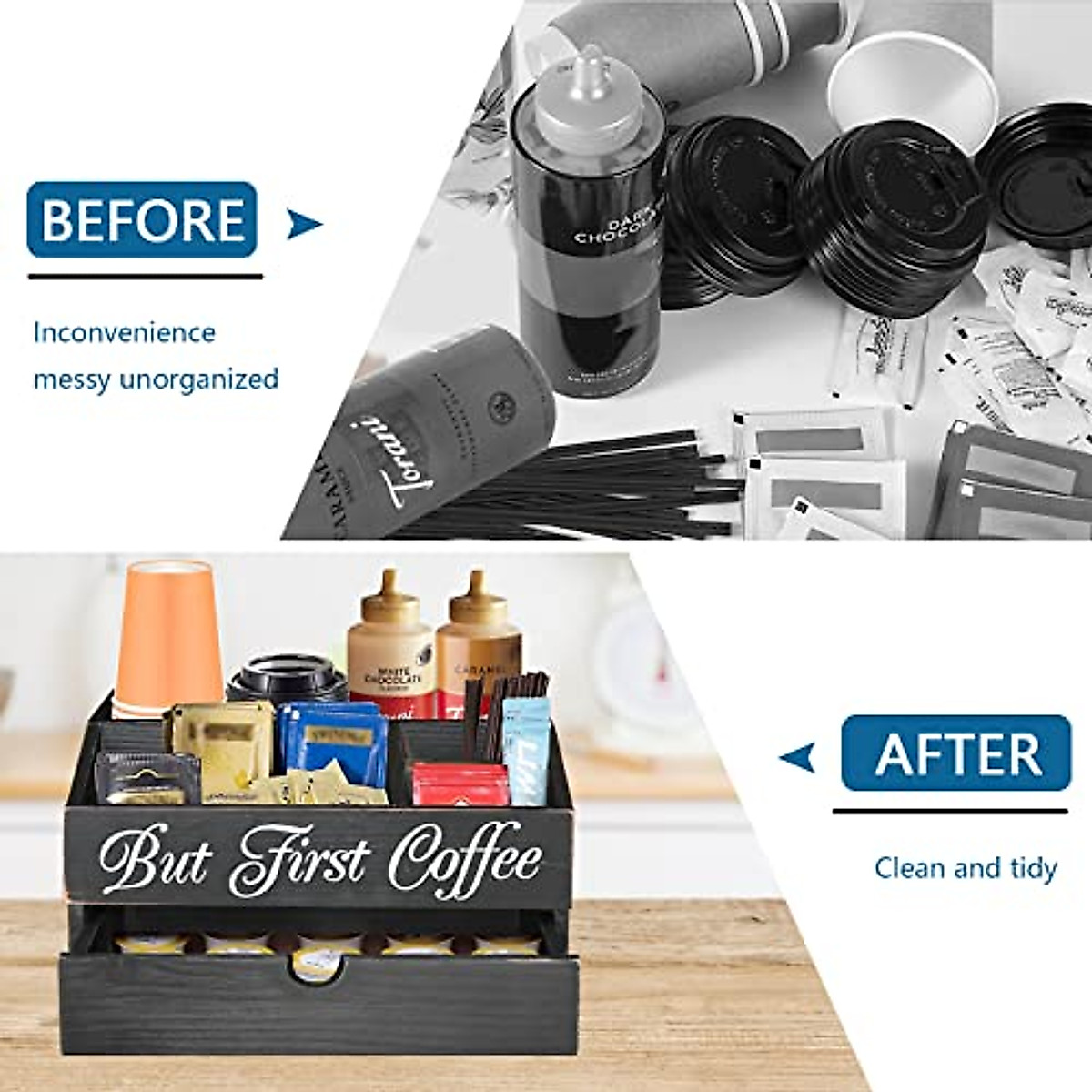 Coffee Station Organizer, Wood K Cup Coffee Pods Holder with Drawer, Countertop Coffee Bar Accessories Tea Bag Organizer, Coffee Bar Condiment Organizer for Coffee Bar Decor, Coffee Lovers Gift