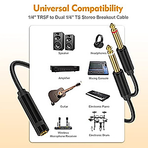 HOSONGIN 1/4 TRS Stereo Jack to Dual 1/4 TS Mono Y-Splitter Insert Cable, Nylon Braided Jacket Gold-Plated Plug Double Shielding Cable, 1 Feet