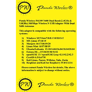 Panda Wireless PAU09 N600 Dual Band (2.4GHz and 5GHz) Wireless N USB Adapter W/Dual 5dBi Antennas - Windows 7/8/8.1/10/11, Mint, Ubuntu, openSUSE, Fedora, Centos, Kali Linux and Raspbian