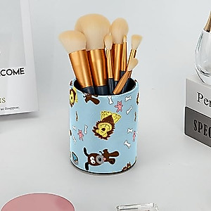 Large Capacity Round Pen Holder for Desk Cartoon Mini Animals Pencil Cup Organizer for Office, Classroom, Home, PU Leather Makeup Brush Holders