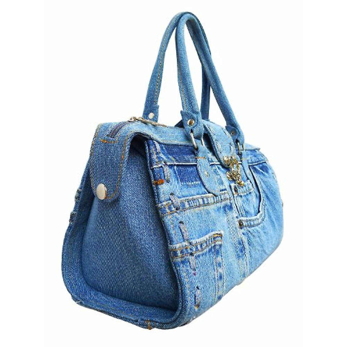 Upcycling Blue Denim Jean Large Capacity Doctor Style with Hand Stitching Edge Top Handle Satchel Structured Handbag for Women