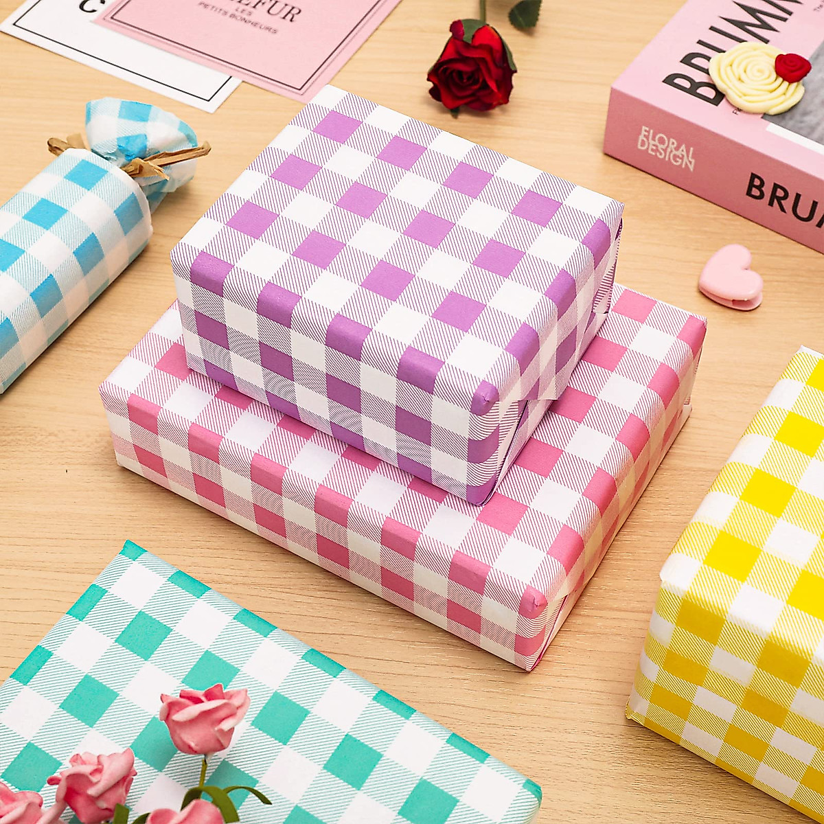 Whaline 100 Sheets Spring Pastel Tissue Paper Folded Flat Buffalo Plaid Wrapping Paper Purple Yellow Pink Green Blue Gift Tissue Paper for Home DIY Gift Bags Summer Easter Birthday Decor, 14 x 20inch