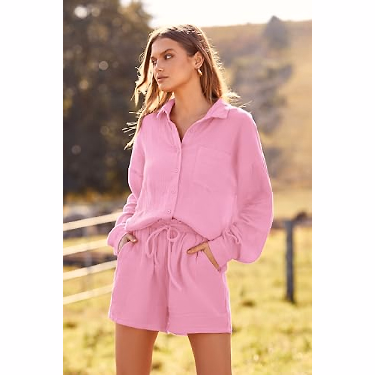 PRETTYGARDEN Women's 2 Piece Tracksuit Outfit Long Sleeve Blouse High Waisted Drawstring Shorts Loungewear Set (Pink,Medium)