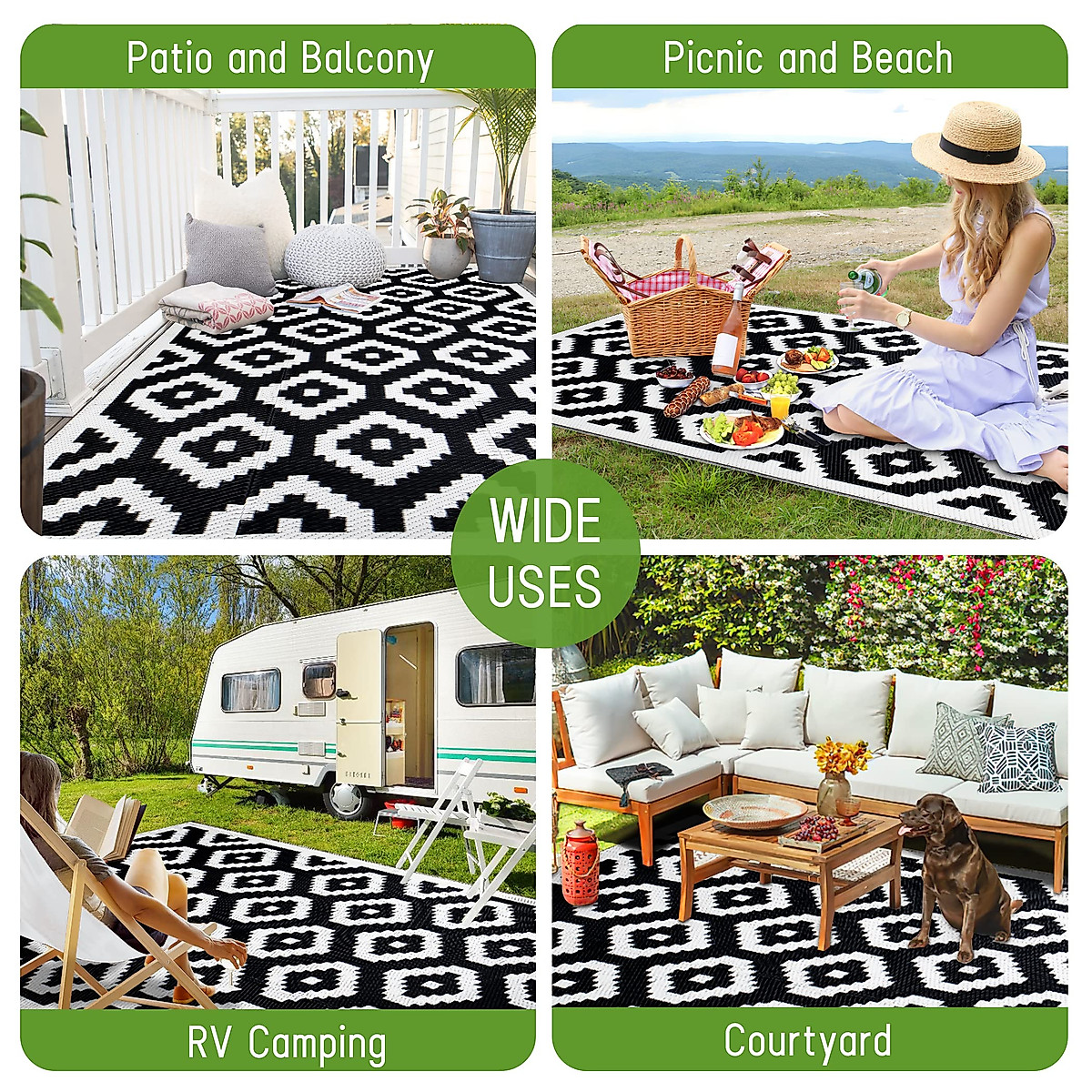 Easy-Going Reversible Outdoor Rugs 4x6ft Waterproof Plastic Straw Rug Stain & UV Resistant Floor Mat for Patio Porch RV Backyard Pool Deck Picnic Beach Trailer Camping (Diamond/Black & White)