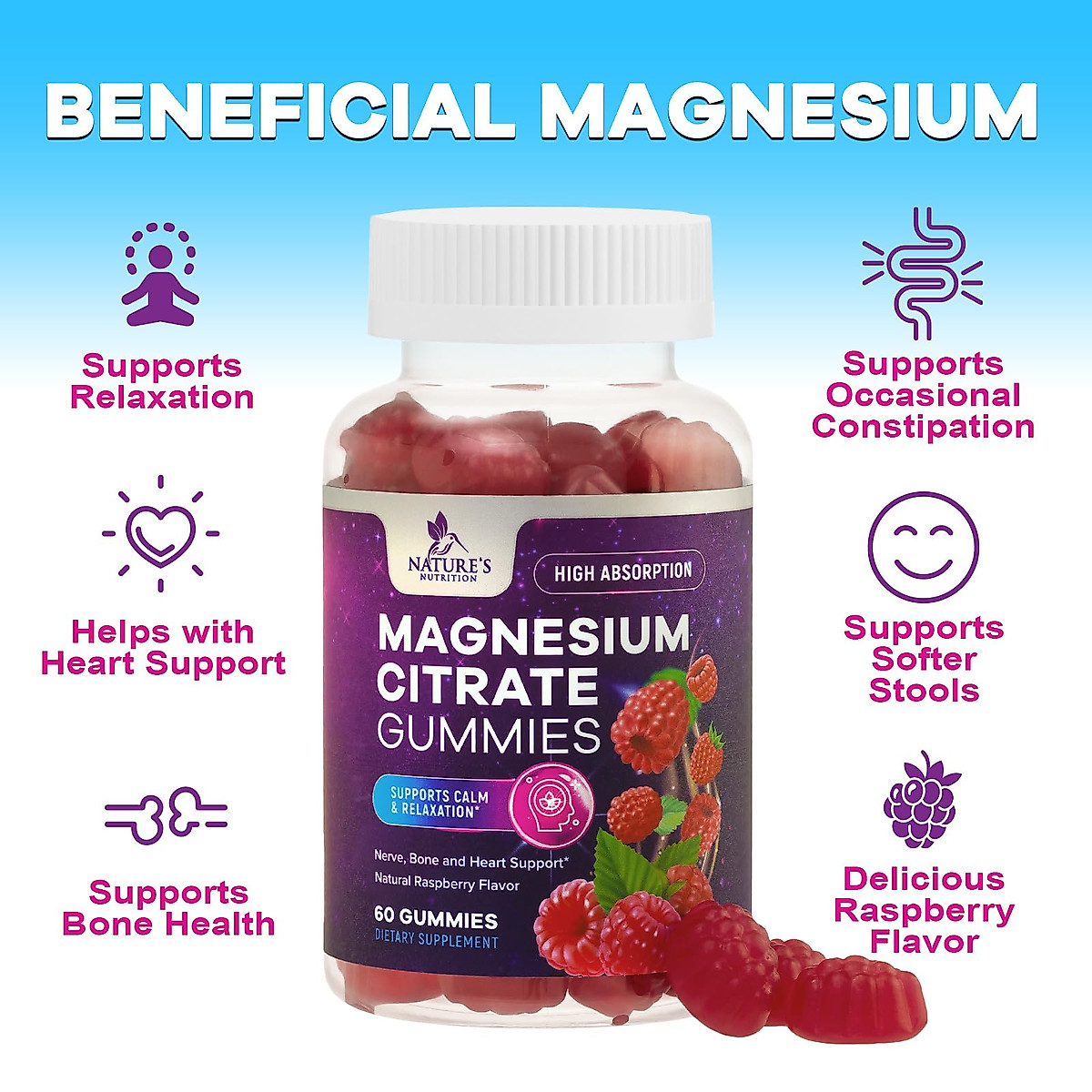 Magnesium Supplement Gummy - High Absorption Magnesium Citrate Supplement for Adults & Kids - Nature's Calm Magnesio Gummies Dietary Supplements for Bone, Muscle Health, Heart Support - 60 Gummies