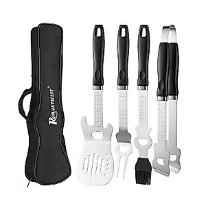 ROMANTICIST 5PCS Guitar Style Heavy Duty Grill Tool Set - Stainless Steel BBQ Tools including Spatula, Fork, Tongs, Basting Brush and Storage Bag in Unique Guitar Shape - Perfect Grill Gift Choice