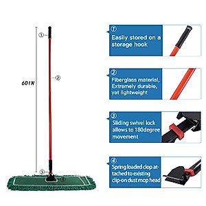 Matthew Cleaning Commercial Quick-Change Dust Mop Handle with Clip-on Metal Gripper for Heavy Duty Mop Head Replacement Holder, Fiberglass Handle 60 inch 6packs-Red