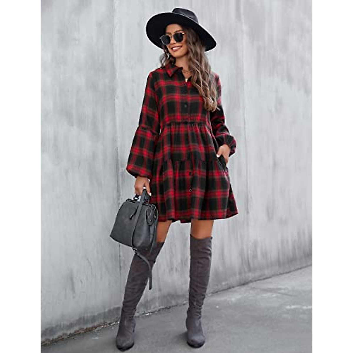 Blooming Jelly Womens Plaid Dresses Fall Long Sleeve Dress Trendy Ladies Dress Mini Babydoll Dresses with Tie Waist (Large,Red)
