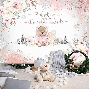 Avezano Winter Bear Baby Shower Backdrop for Girls Baby It's Cold Outside Party Decorations Photography Background We can Bearly Wait Pink Snowflakes Baby Shower Photoshoot (7x5ft)