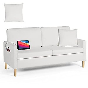 AILEEKISS 66" W Loveseat Sofa with 2 USB Mid Century Modern Love Seats PU Leather Furniture Tufted Upholstered Love Seat Couch for Living Room Office Apartment Bedroom (White)