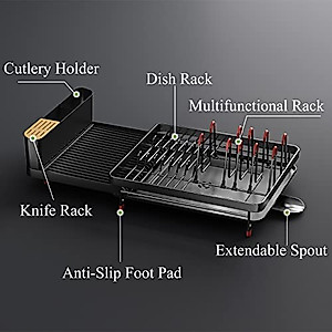 Dish Drying Rack, Expandable Dish Racks for Kitchen Counter, Multifunctional Extra Large Dish Strainers with Cutlery & Pan Holders, Extendable Anti-Rust Dish Drainers with Drainboard for Kitchenware