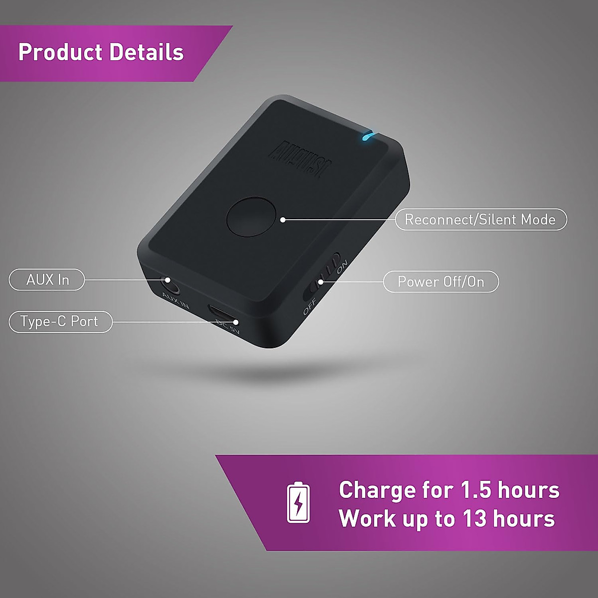 August MR250 - Bluetooth Wireless Transmitter - Audio Adapter for TV to Bluetooth Headphone - Stream Music from 3.5mm Audio Out to Bluetooth Headphones, Speakers and Receivers - Black