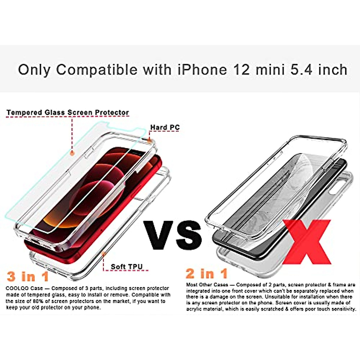 COOLQO Compatible for iPhone 12 Mini Case 5.4 Inch, with [2 x Tempered Glass Screen Protector] Clear 360 Full Body Protective Coverage Silicone 14 ft Drop Military Grade Shockproof Phone Cover