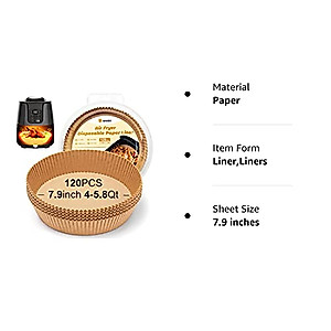 MOEASEii Air Fryer Disposable Paper Liner, 120 PCS Non-stick Airfryer Parchment Paper Liners for 4-8 Qt Air Fryer Accessories, Water-proof Oil-proof Baking Paper for Air Fryer, Oven
