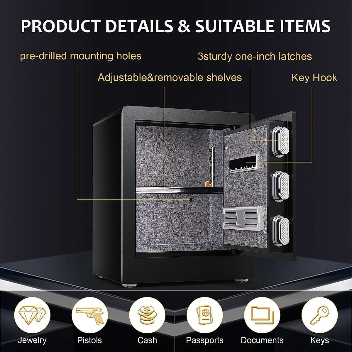 Marcree Safe, 2.6 Cub Security Home Safe, Safe Box for Home with Digital Keypad, Steel Inner Cabinet, Money Safe with Removable and Adjustable Shelf, LED Light, Cabinet Safes for Office Hotel