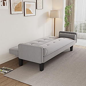72" Convertible Sofa Couch Bed with 2 Pillows, Cotton Linen Loveseat Sofa Bed with Soild Wood Legs,Modern Upholstered Folding Reclinerfor Living Room Apartment Office
