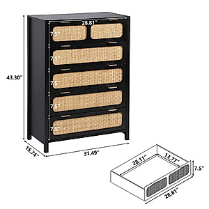 UHMUVFM 5 Drawer Dresser with Rattan Finish, Modern Farmhouse Chest of Drawers with Metal Handles, Accent Wood Storage Cabinet for Bedroom, Living Room and Kitchen (Black)