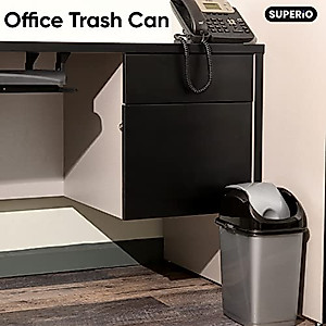 Superio Small 2.5 Gallon Plastic Trash Can with Swing Top Lid, Waste Bin for Under Desk, Office, Bedroom, Bathroom- 10 Qt, Grey/Black