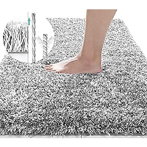 Yimobra Fluffy Plush Bath Rug, Super Shaggy Soft Comfortable Non Slip, Water Absorbent Microfiber Bath Mat, Dries Quickly, Machine Washable Thick Bathroom Floor Rugs for Shower, 32"x 20", Light Gray