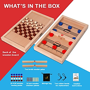 Kiditos 22.4" Fast Sling Puck Wooden Tabletop Hockey Game - 3 Levels, 2-4 Players, Slingshot Game for Family Game Night