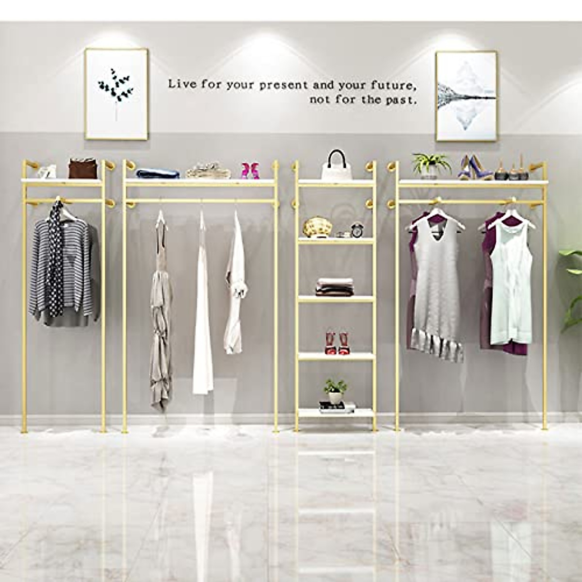 WFDERAN Modern Clothing Store Square Tube Garment Rack,1-Tier Wall Mounted Storage Clothes Shoe Bag Hanging Shelves,Retail Shop Clothes Display Stands (24" L, Gold with Wood)