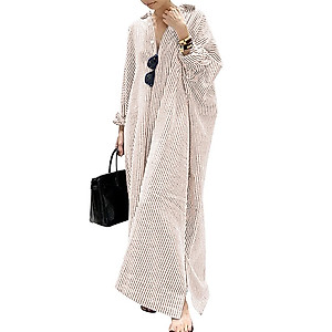 chouyatou Women's Casual Long Sleeve Button Down Loose Striped Cotton Maxi Shirt Dress (Medium, Khaki)