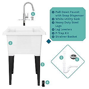 White Utility Sink by JS Jackson Supplies, Tehila Luxe Laundry Tub, Stainless Steel Finish Hi-Arc Pull-Down Faucet, Soap Dispenser