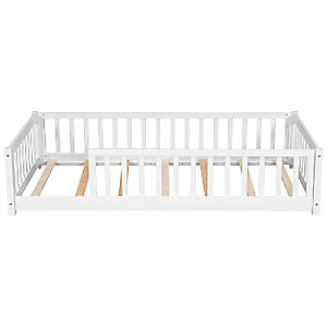 UOCFYK Toddler Twin Size Floor Bed with Fence for Kids,Solid Wood Bedframe,Easy to Assemble, No Box Spring Needed,White