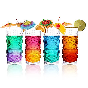 Clear Tiki Glasses, Set of 4 - 450 ML - Perfect for Exotic Cocktails, Lemonade, Ice Tea, Mixed Drinks- Exotic Zombie, Rum, Mai Tai, Pina Colada, Punch, Hurricane, Bar Drinkware
