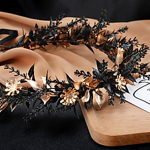 MOSTORY Handmade Black Flower Crown Fairy Floral Headpiece Woodland Elf Headband Gothic Hair Wreath for Women Girls Renaissance Halloween Cosplay Accessory