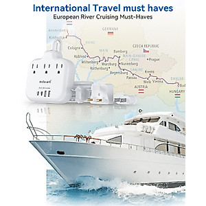 European Travel Plug Adapter, US to European Plug Adapter with 3 American Outlets & 4 USB, 3ft European Power Cord, International Travel Power Strip, Type C for Europe EU Germany France, Travel, White