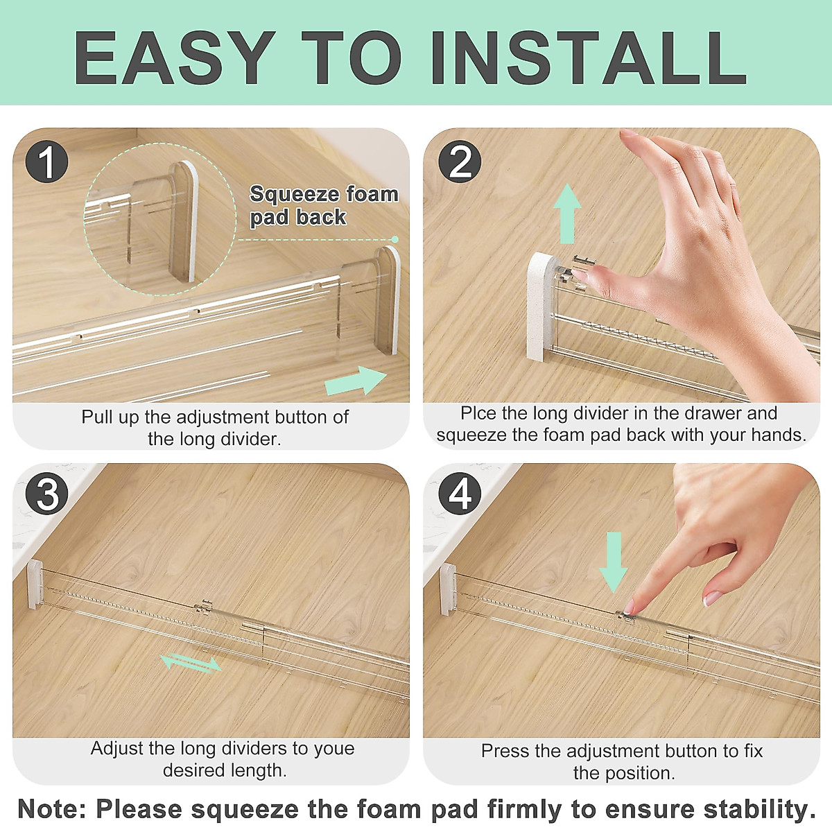 FUNIZE Expandable Drawer Dividers 4 Pack, 2.36" High, 12.6-22.8 Clear Drawer Organizers for Utensils, Clothes, Adjustable Kitchen Drawers Separators in Dresser, Bedroom, Bathroom, Office Storage