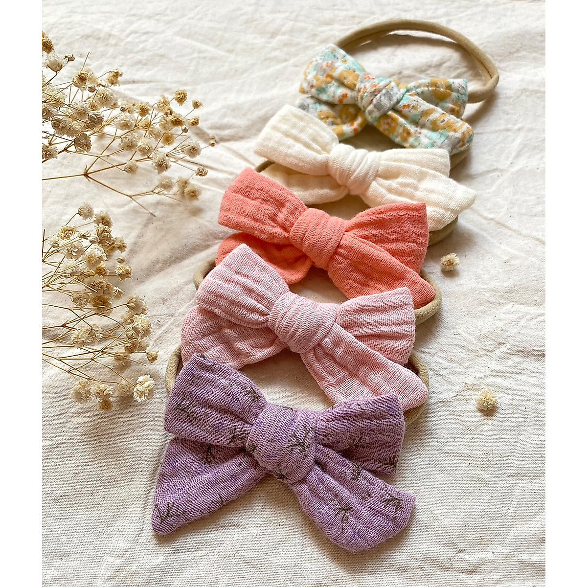 Cherssy Baby Muslin Hair Bows and Headbands, 10pcs Soft Nylon Hairbands for Newborn, Infants, Toddlers