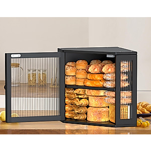 Corner Bread Box Extra Large Bamboo Wood Bread Box for Kitchen Countertop - Double Bread Container with Adjustable Height - Modern Black Easy To Assemble